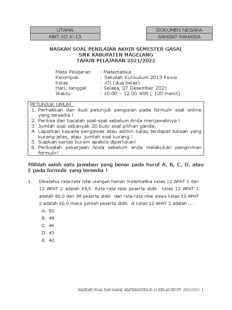 Naskah Soal Pas Gasal Matematika K-13 Kelas Xii Tp. 2021 2022 | PDF