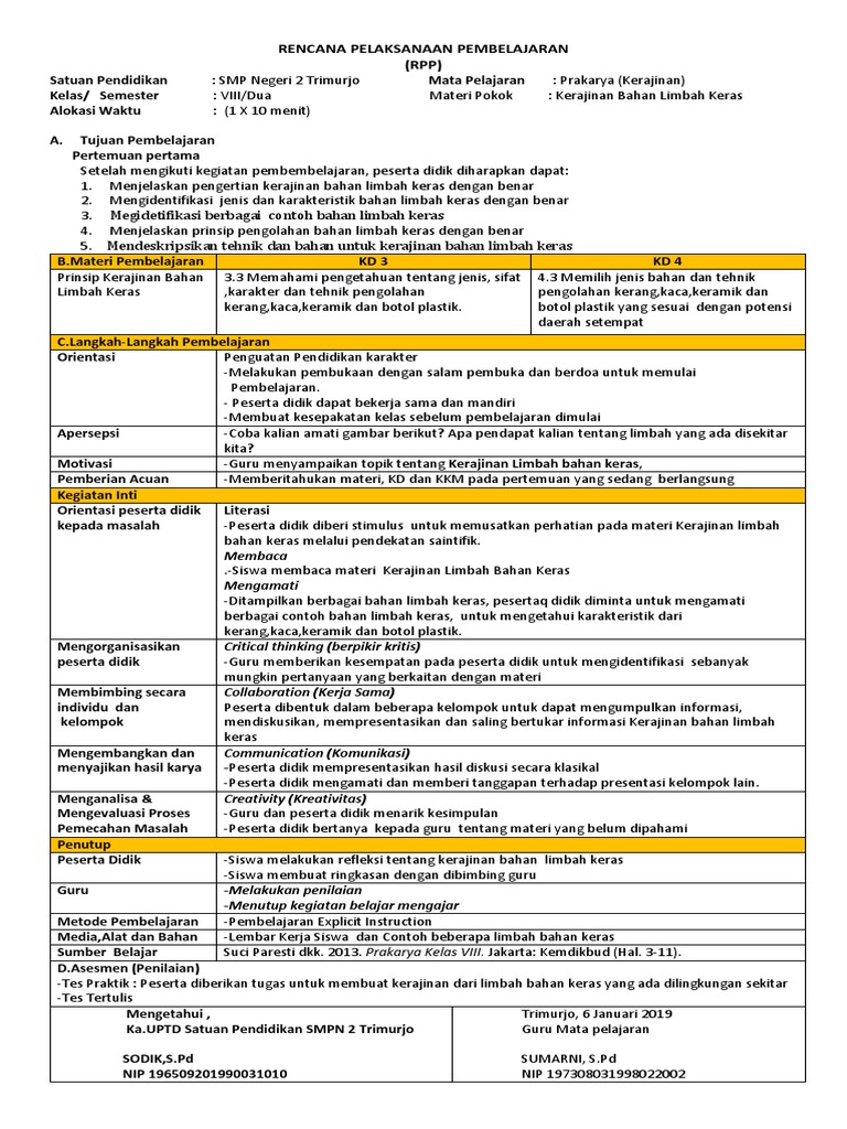 RPP Prakarya 8 Sem 2 Kerajinan Lunak | PDF | Teknologi & Rekayasa