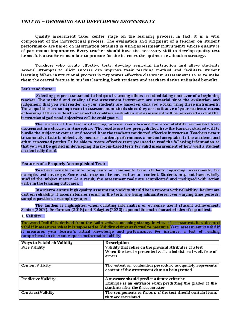 Unit Iii - Designing and Developing Assessments: Let's Read These | PDF ...