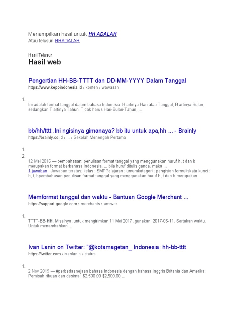 Hasil Web: Pengertian HH-BB-TTTT Dan DD-MM-YYYY Dalam Tanggal | PDF