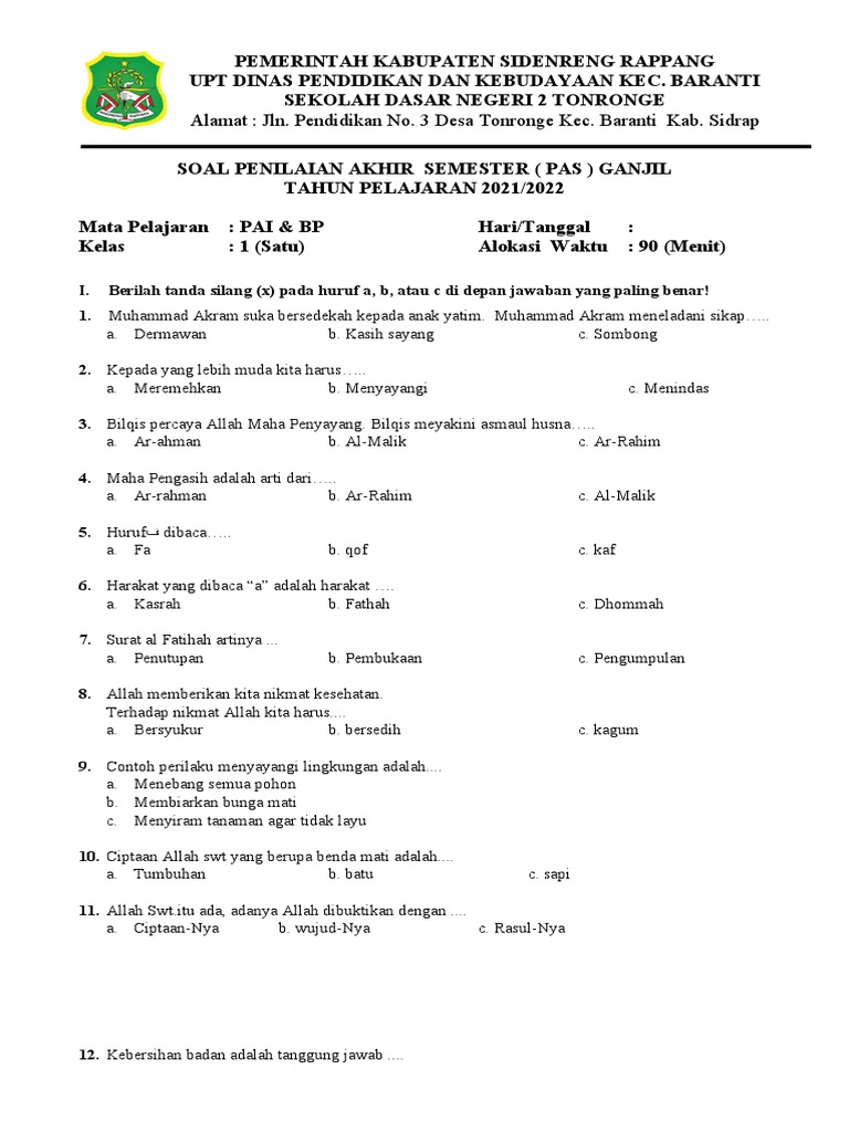 Soal Pas Pai Ganjil Kelas 1 | PDF