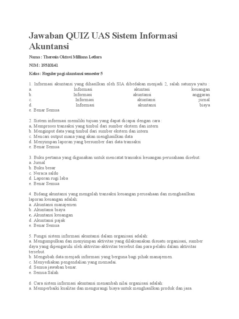 Soal Quiz Uas - Sia-Klas Malam | PDF