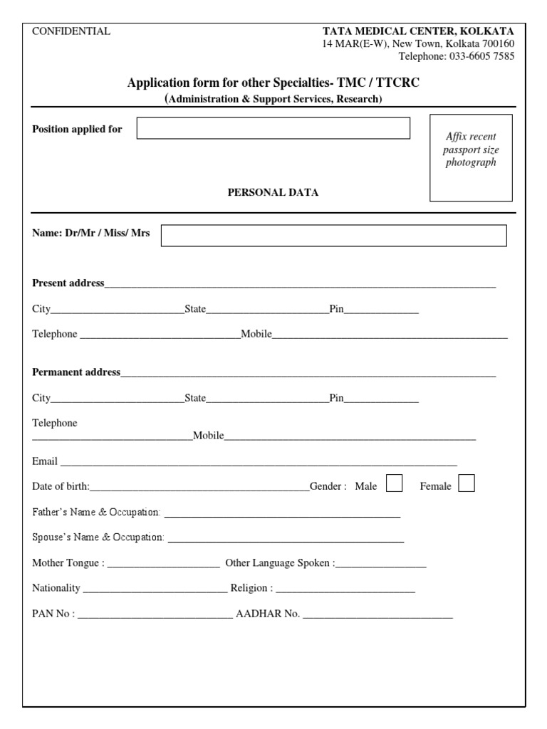 Application Form For Other Specialties-TMC / TTCRC (: Affix Recent ...