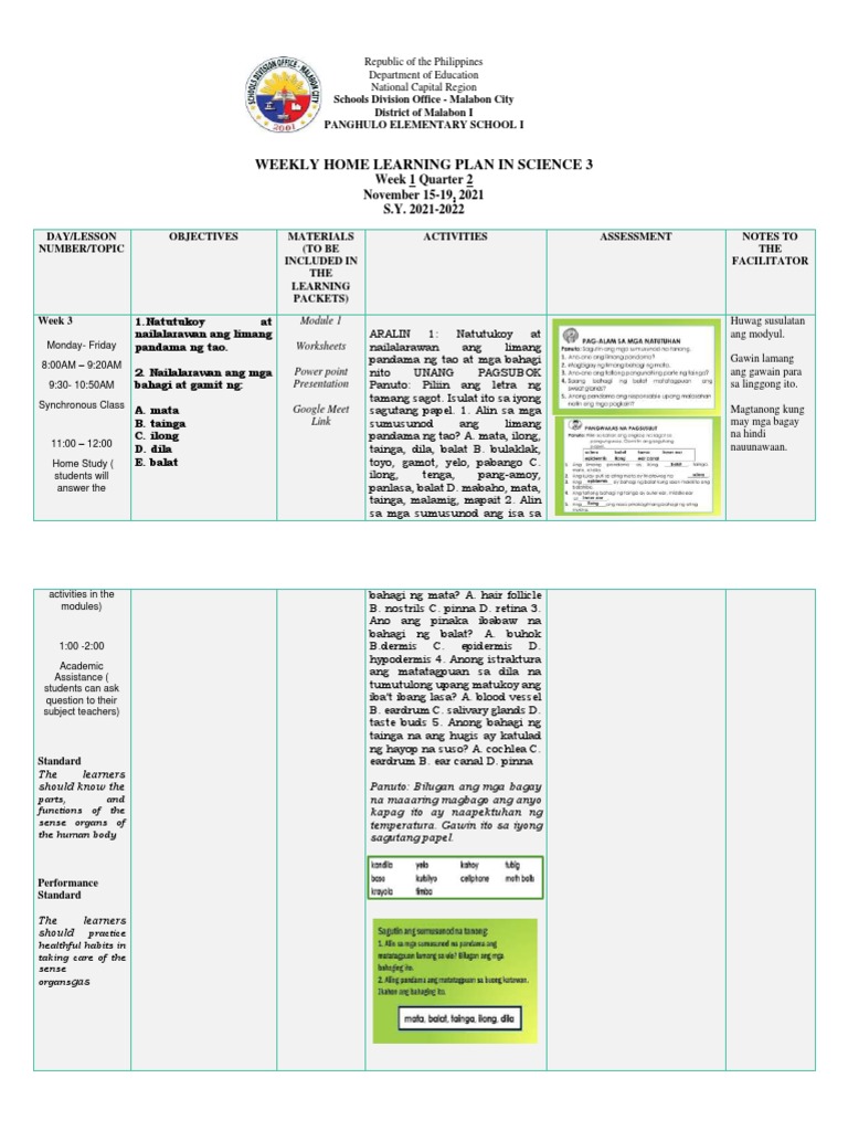 Weekly Home Learning Plan Science3 T.J. Cinco w1 q2 | PDF