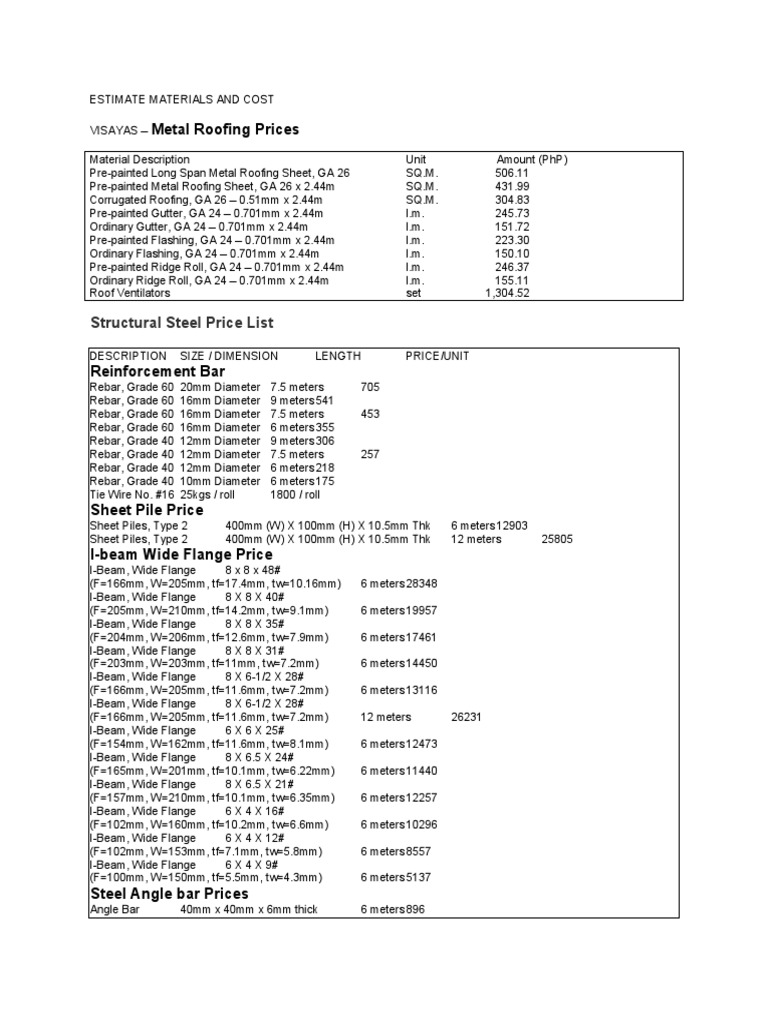 Metal Roofing Prices: Structural Steel Price List | PDF | Sheet Metal ...