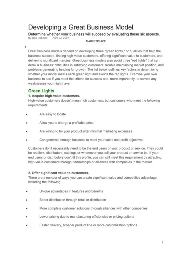 Developing A Great Business Model: Green Lights | PDF | Sales | Pricing