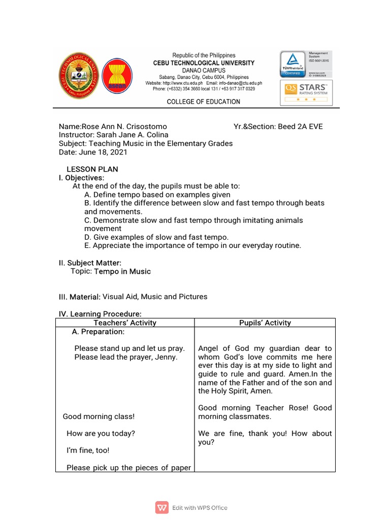 Lesson Plan For Tempo | PDF | Musical Forms | Elements Of Music