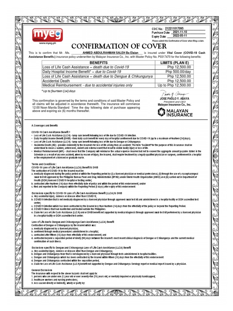 Confirmation of Cover: Benefits Limits (Plan E) | PDF | Insurance ...