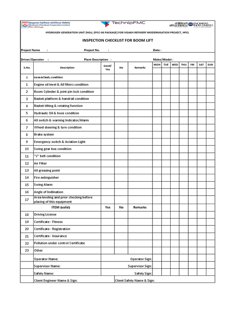 Boom Lift Inspection Checklist Template | PDF