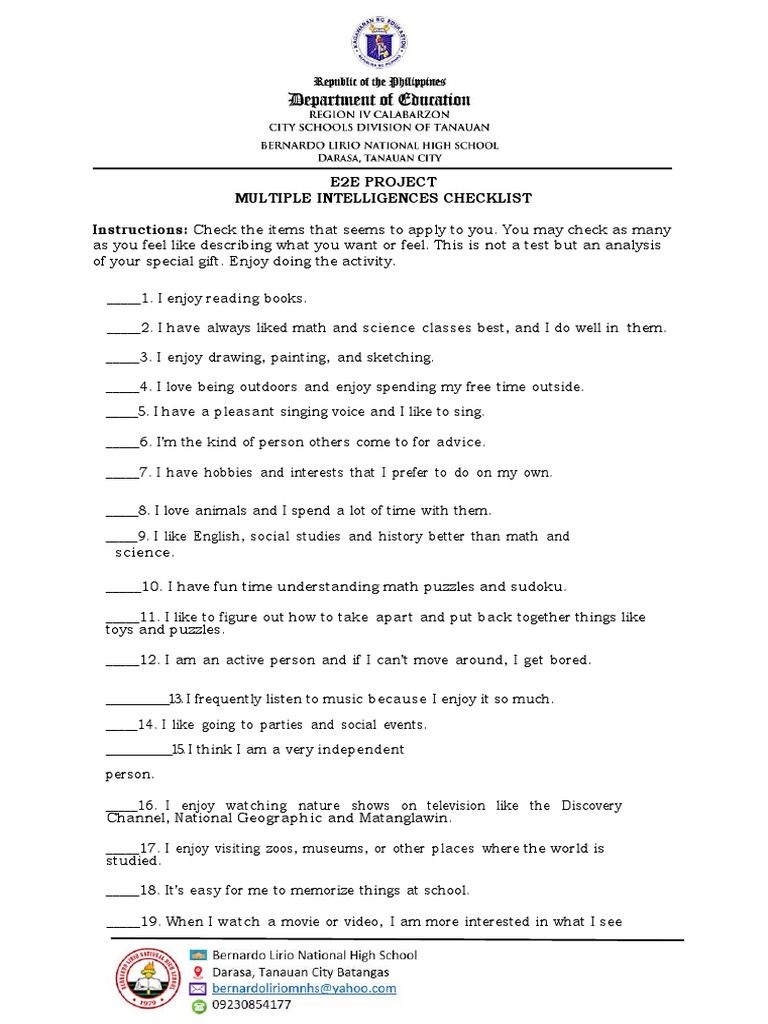 E2E Project Multiple Intelligences Checklist Instructions: Check The ...