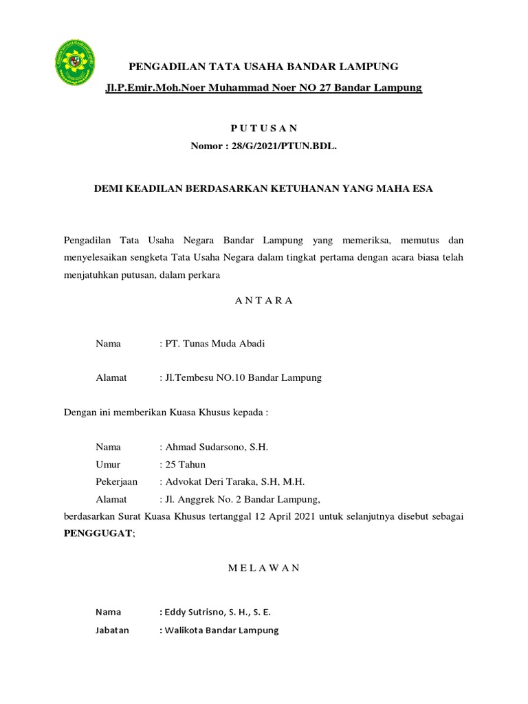 Contoh Putusan Singkat Ptun | PDF