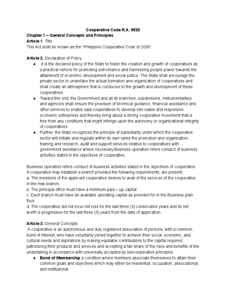 Cooperative Code R.A. 9520 Chapter 1 - General Concepts and Principles ...