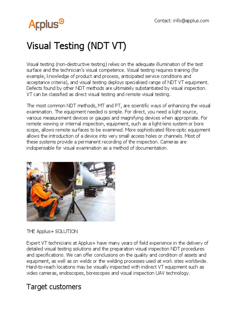 Visual Testing (NDT VT) : Target Customers | PDF