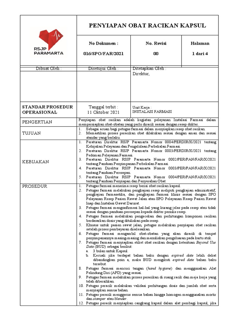 016 SPO Penyiapan Obat Racikan Kapsul | PDF | Sains & Matematika