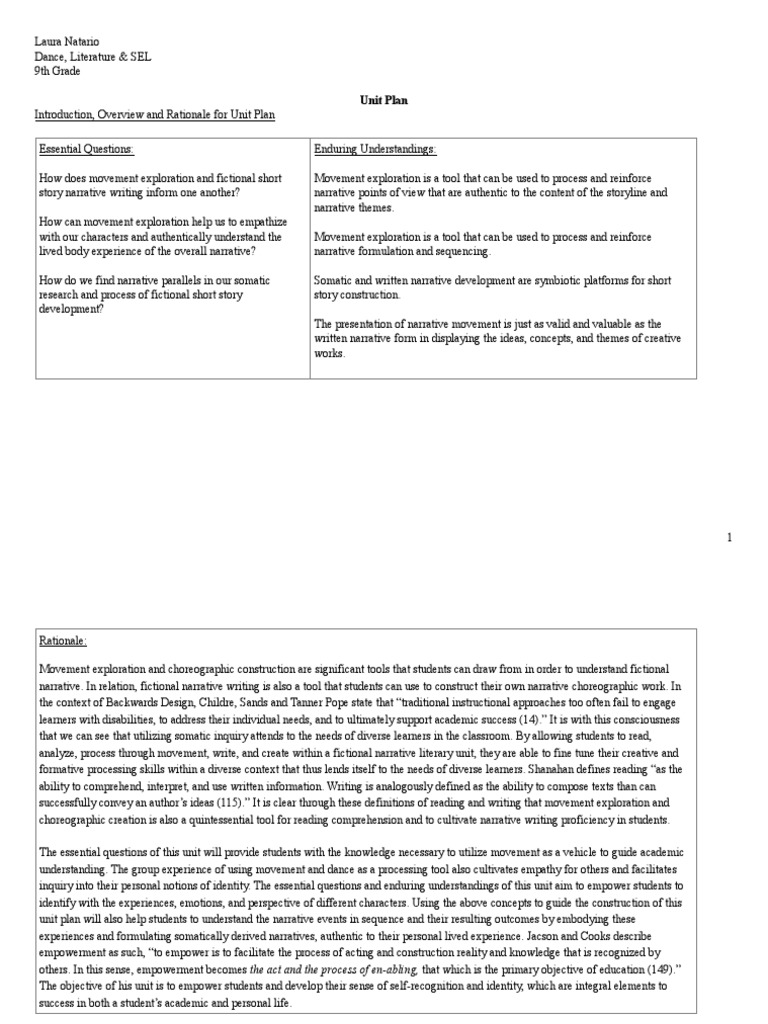 Dance and Literature Unit Plan for 9th Grade | PDF | Narrative ...