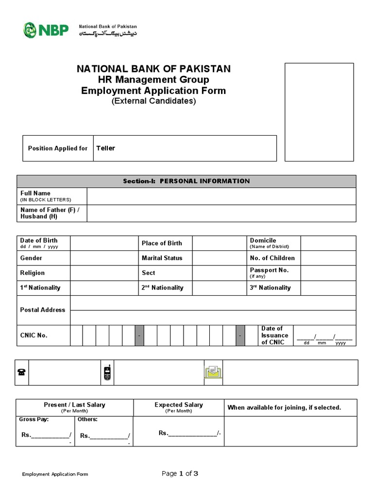 National Bank of Pakistan HR Management Group Employment Application ...