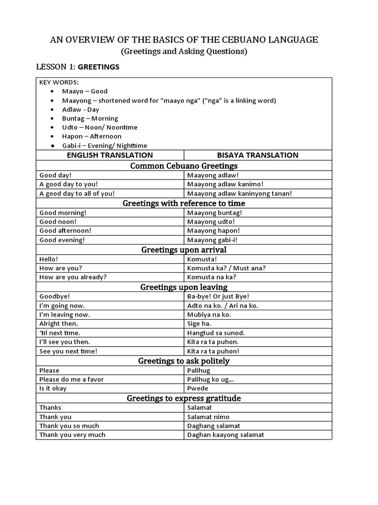 An Overview of The Basics of The Cebuano Language: (Greetings and ...