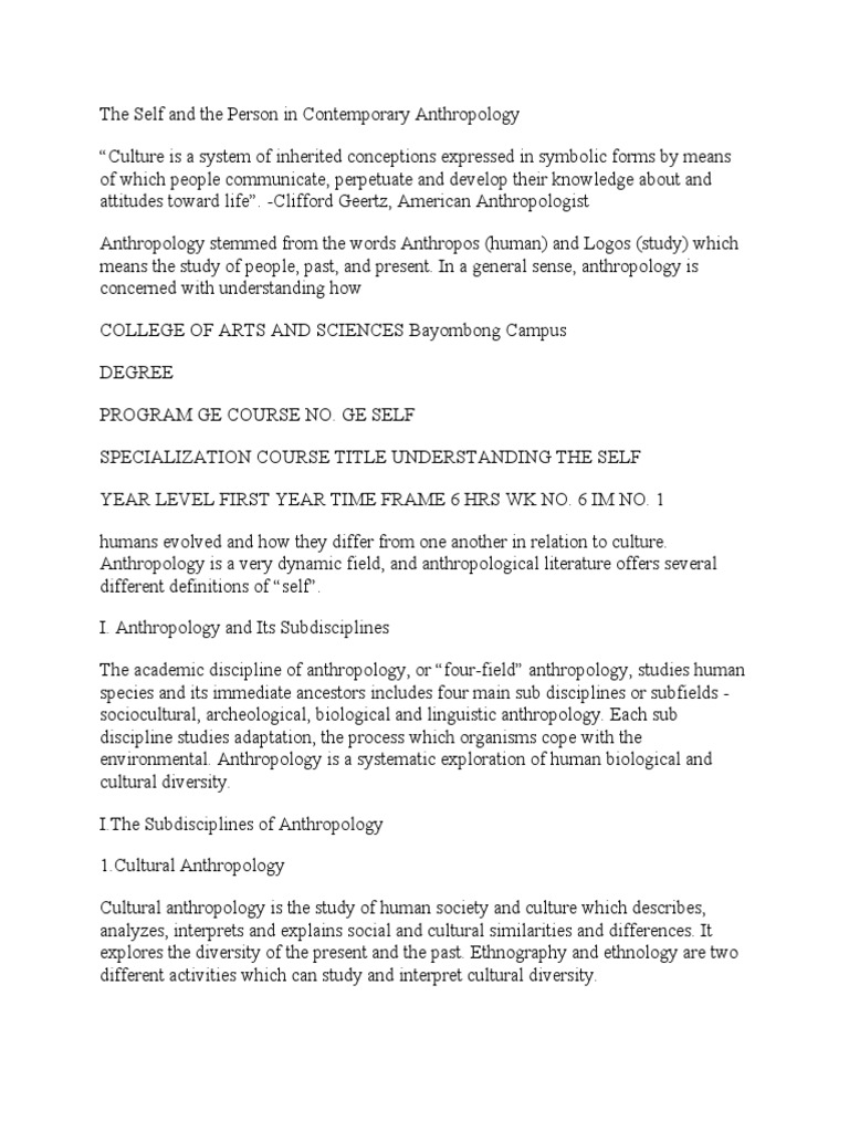 The Self in Contemporary Anthropology | PDF | Anthropology | Self