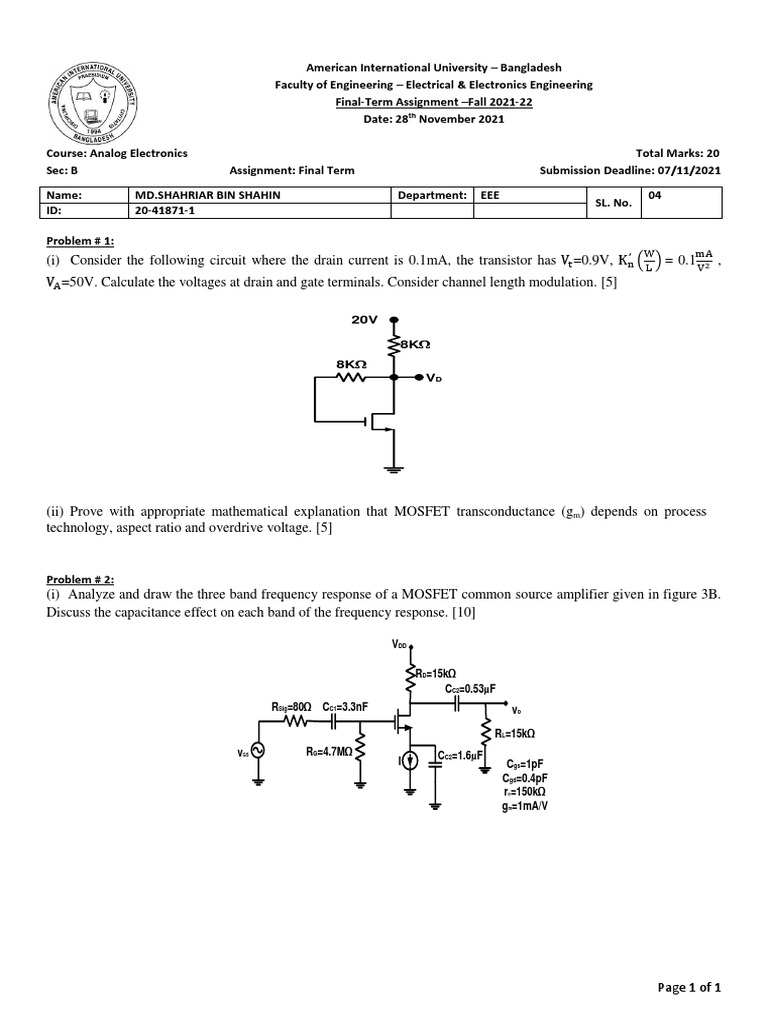 Final-Term Assignment: Analog Electronics | PDF | Analog Circuits | Electronic Circuits