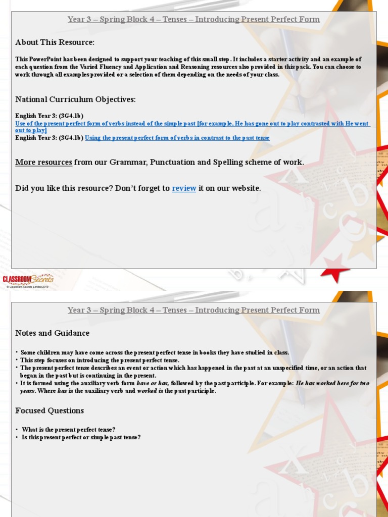 Year 3 - Spring Block 4 - Tenses - Introducing Present Perfect Form ...