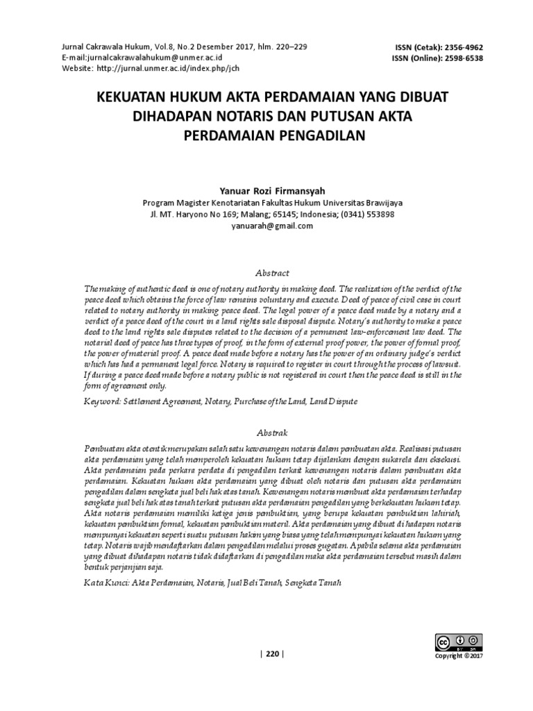 Kekuatan Hukum Akta Perdamaian Yang Dibuat Dihadapan Notaris Dan ...