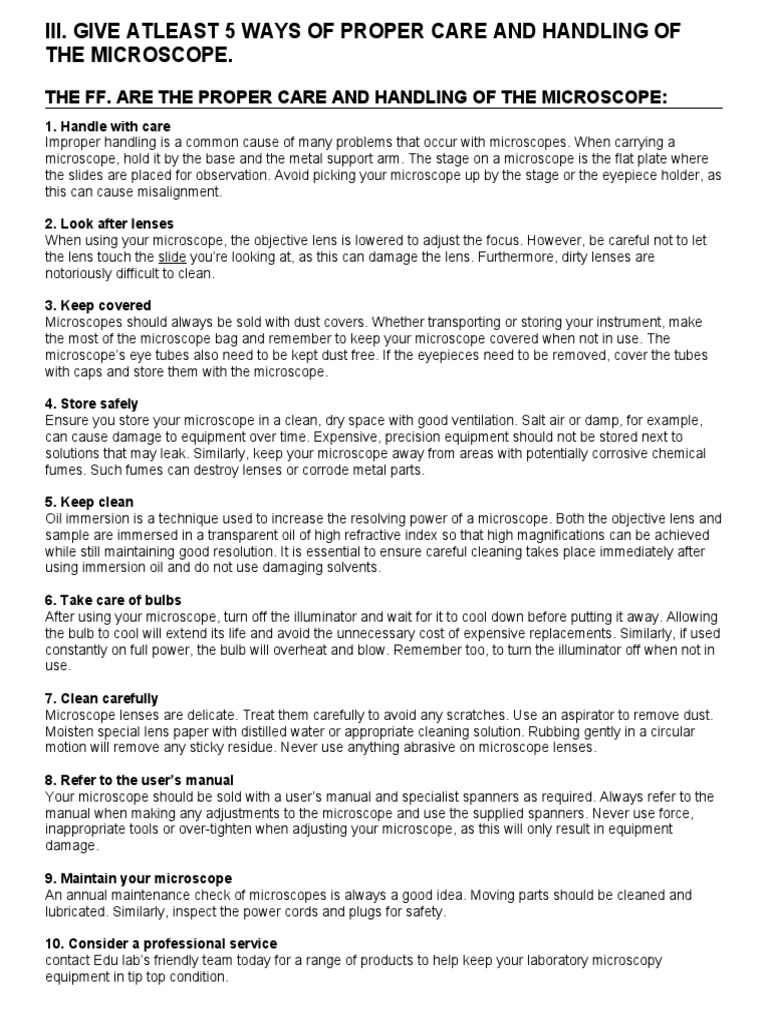 Proper Care and Handling of Microscopes | PDF | Microscope | Glass ...
