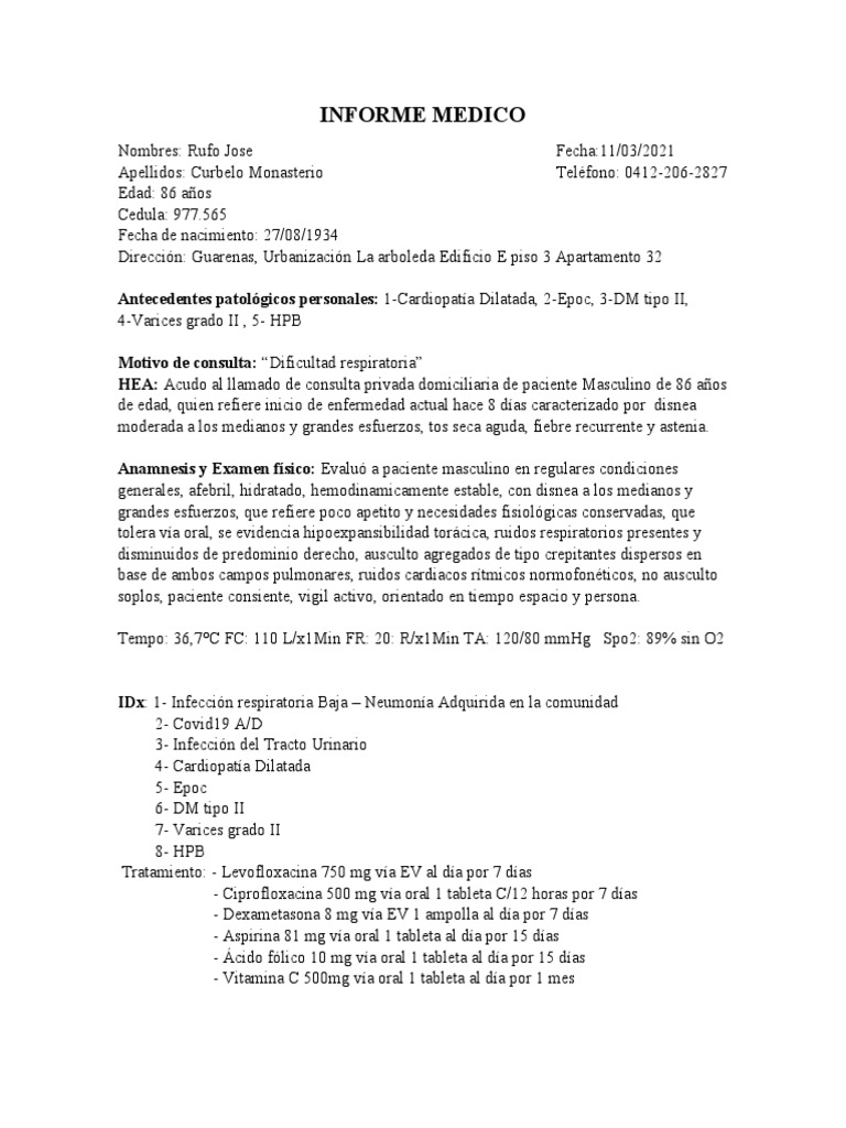 Informe Medico Rufo Curbelo | PDF | Neumonía | Tos
