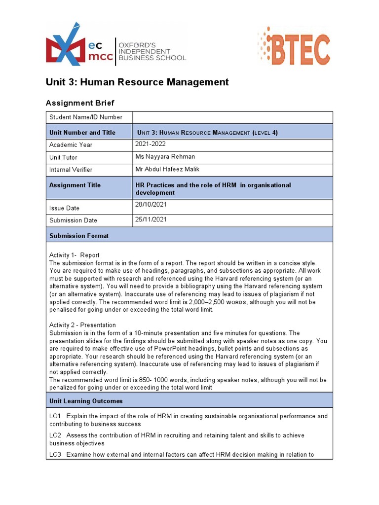 Unit 3: Human Resource Management: Assignment Brief | PDF | Human ...