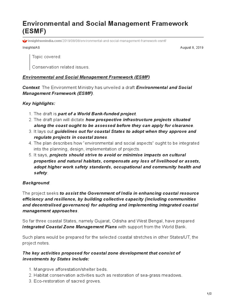 Environmental and Social Management Framework ESMF | PDF | Climate ...