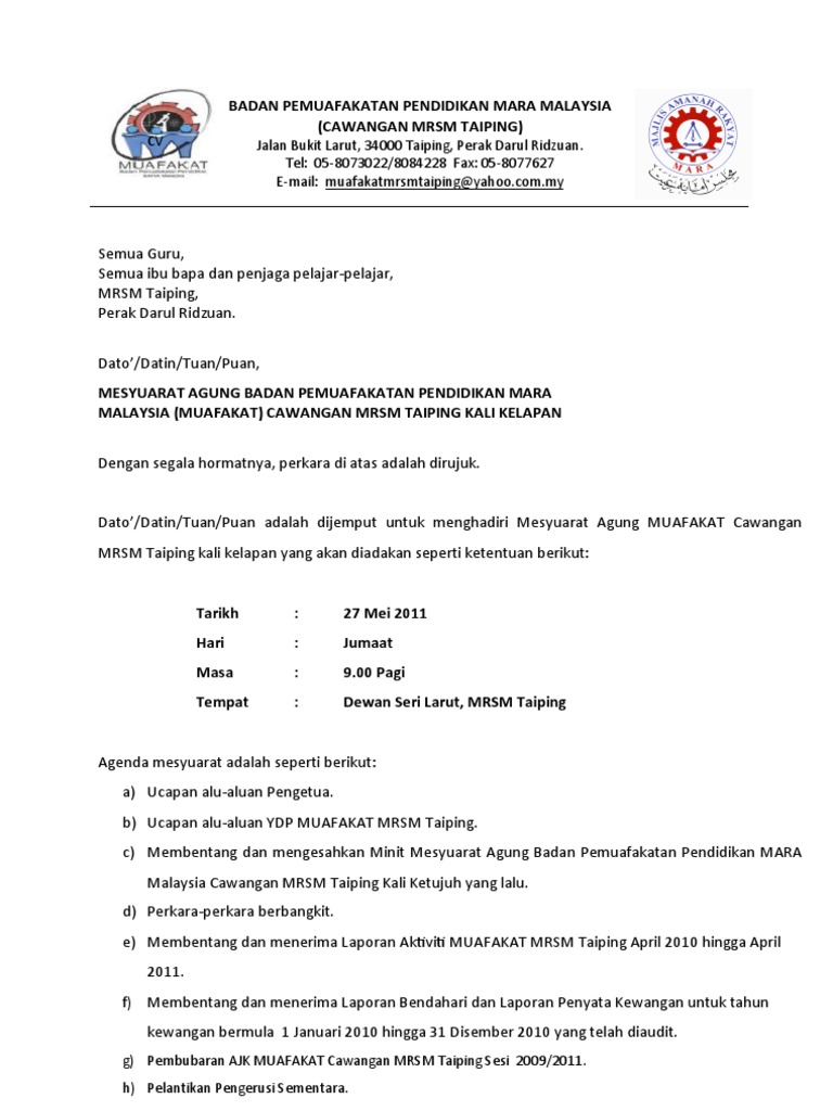 Surat Jemputan Mesyuarat Kepada Ibu Bapa Dan Usul - To PDF | PDF