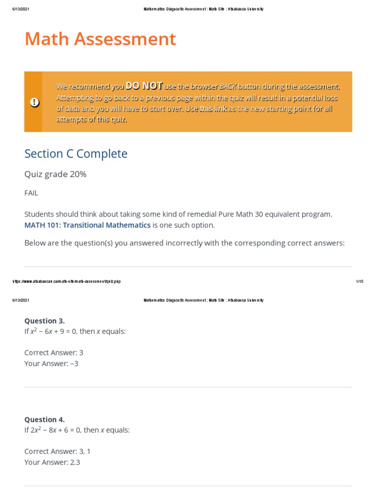 Mathematics Diagnostic Assessment - Math Site - Athabasca University ...