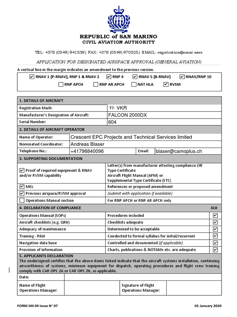 Application for Designated Airspace Approval for a Falcon 2000DX ...