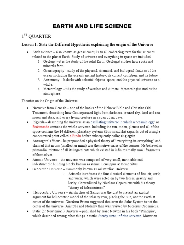 EARTH AND LIFE SCIENCE Notes | Download Free PDF | Universe | Inflation ...