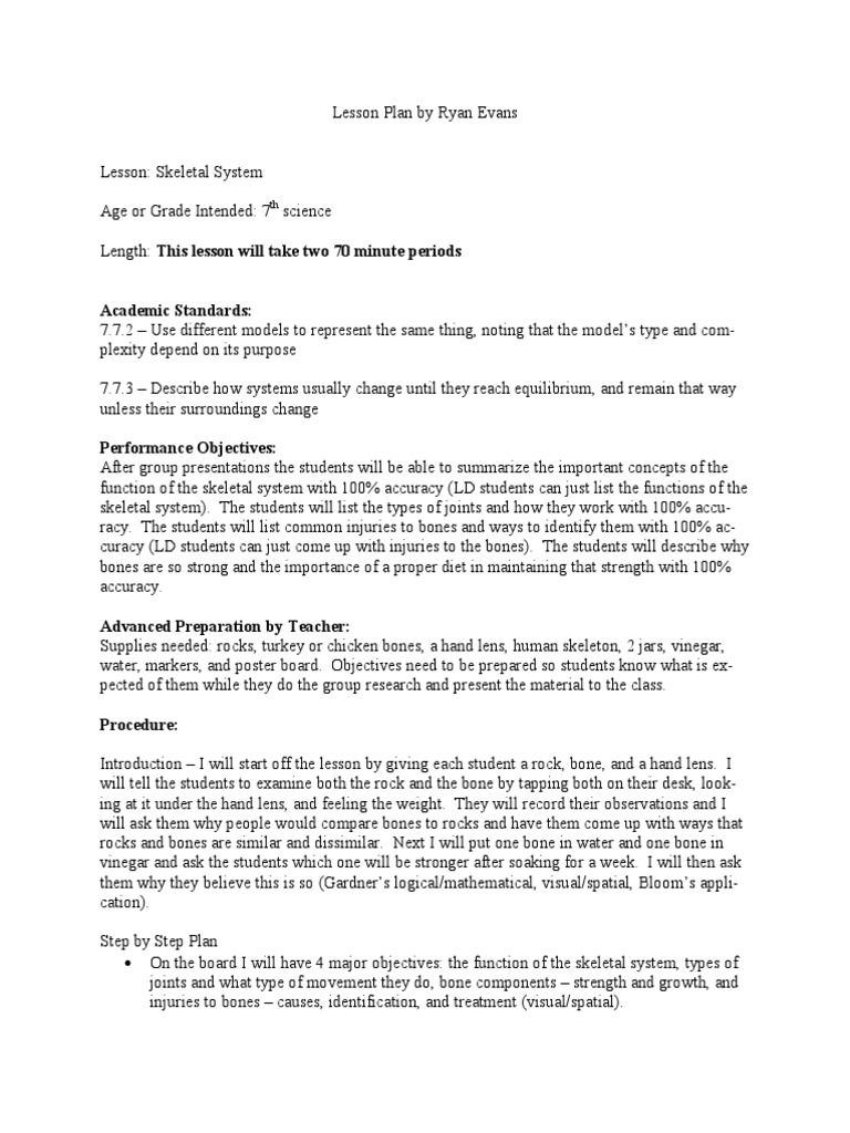 Lesson Plan - Skeletal System | PDF | Bone | Skeleton