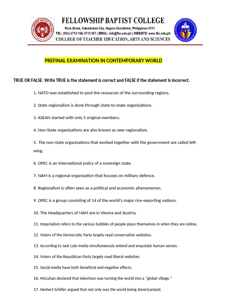 Prefinal Examination in Contemporary World | PDF | Globalization | Mass Media