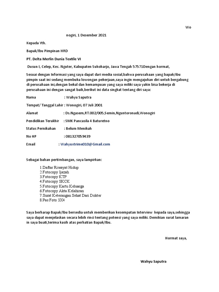 Surat Lamaran Kerja Delta VI (Wahyu Saputra) | PDF