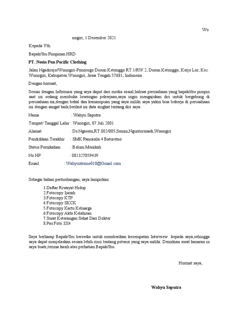 Surat Lamaran Kerja NPC (Wahyu Saputra) | PDF