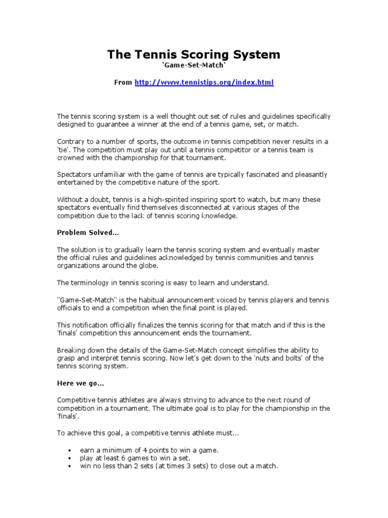 The Tennis Scoring System | PDF | Athletic Sports | Ball Games