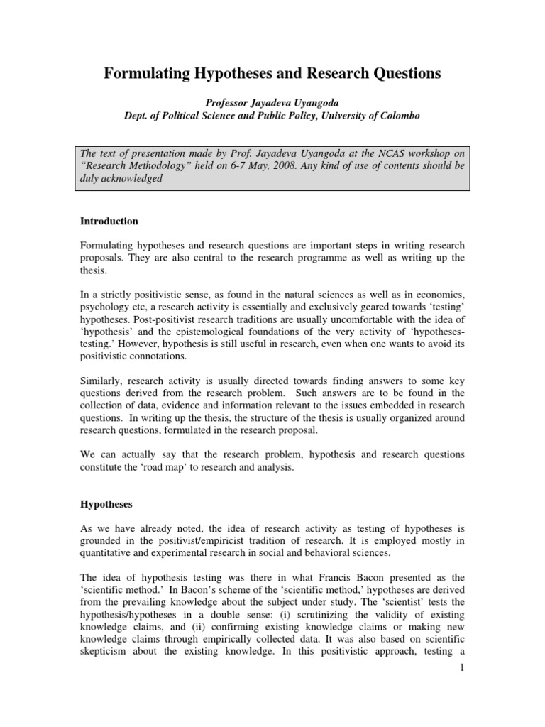Uyangoda. Hypotheses and Research Questions | PDF | Hypothesis | Scientific Method
