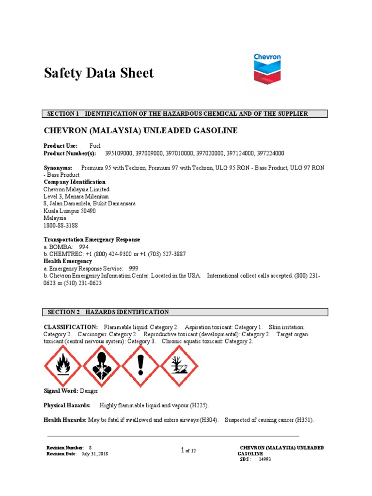 Safety Data Sheet: Chevron (Malaysia) Unleaded Gasoline | PDF ...