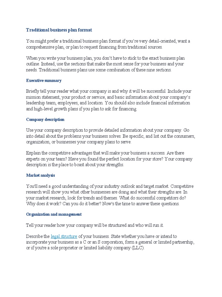 Traditional Business Plan Format | Download Free PDF | Marketing ...