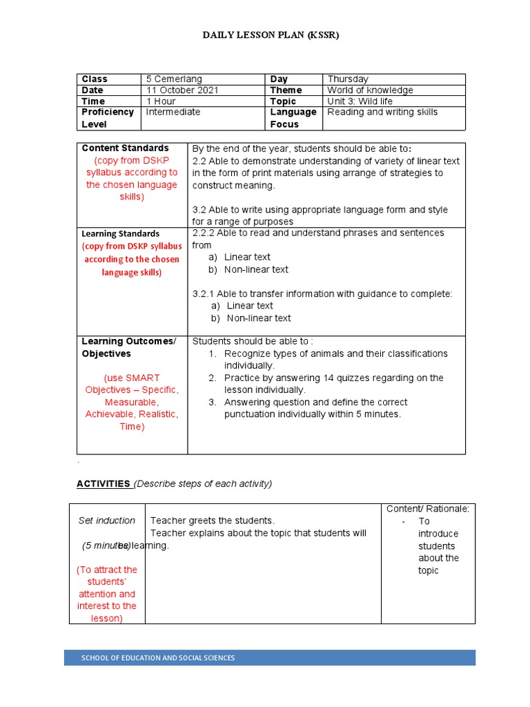 Daily Lesson Plan (KSSR) : Set Induction (5 Minutes) | Download Free ...