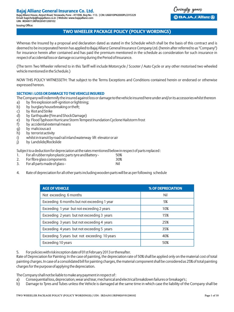 Two Wheeler Package Policy (Policy Wordings) : Bajaj Allianz General ...