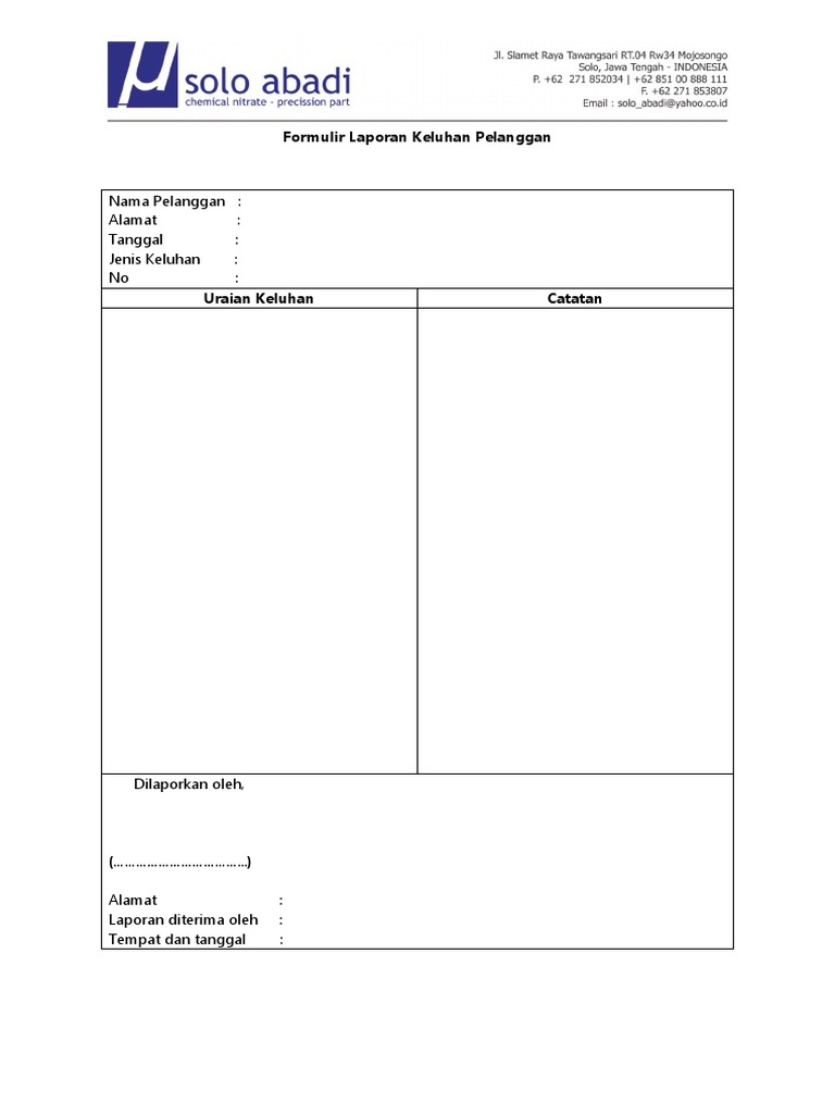 Form Laporan Keluhan Pelanggan | PDF
