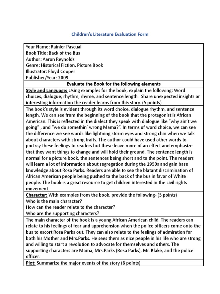 Historical Fiction Children Literature Evaluation Form | PDF | Rosa ...