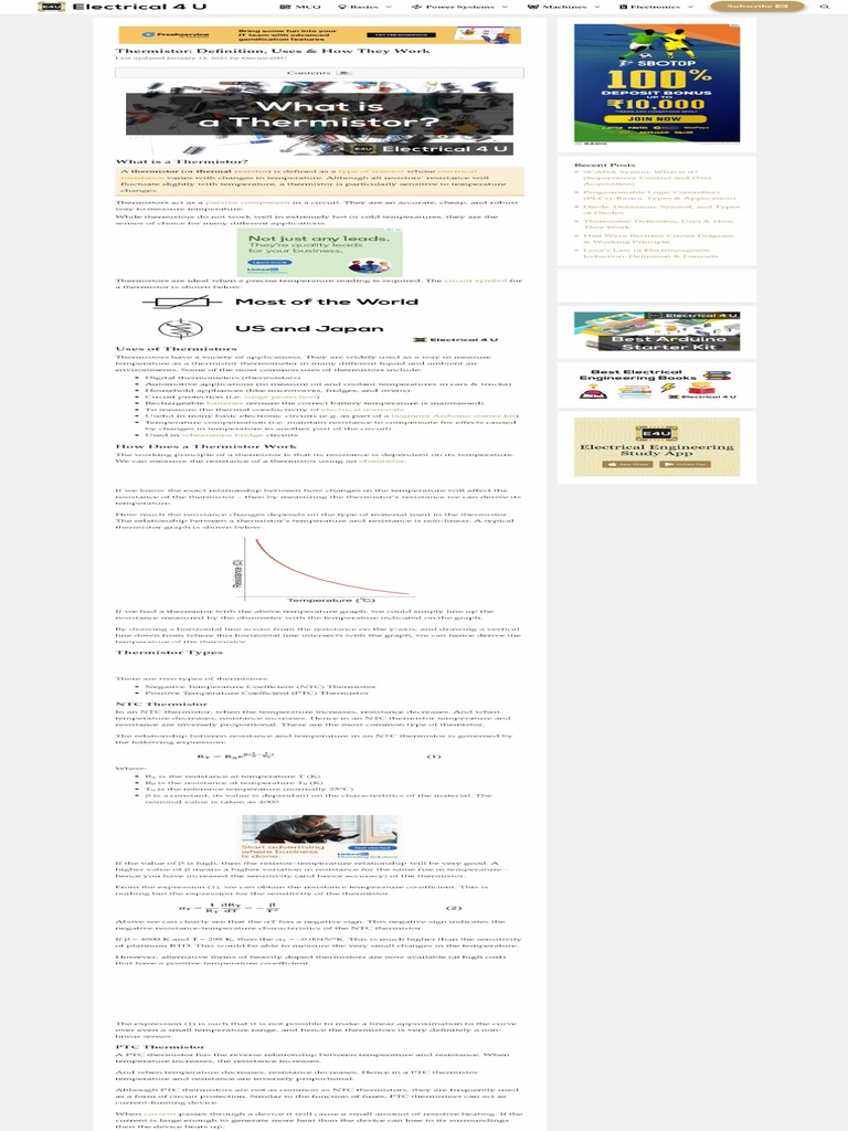 Thermistor - Definition, Uses & How They Work - Electrical4U | PDF