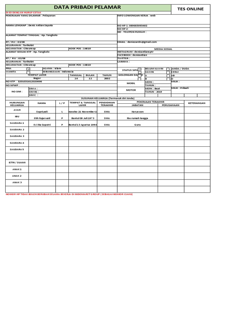 Data Pribadi Pelamar Kerja Indomaret | PDF