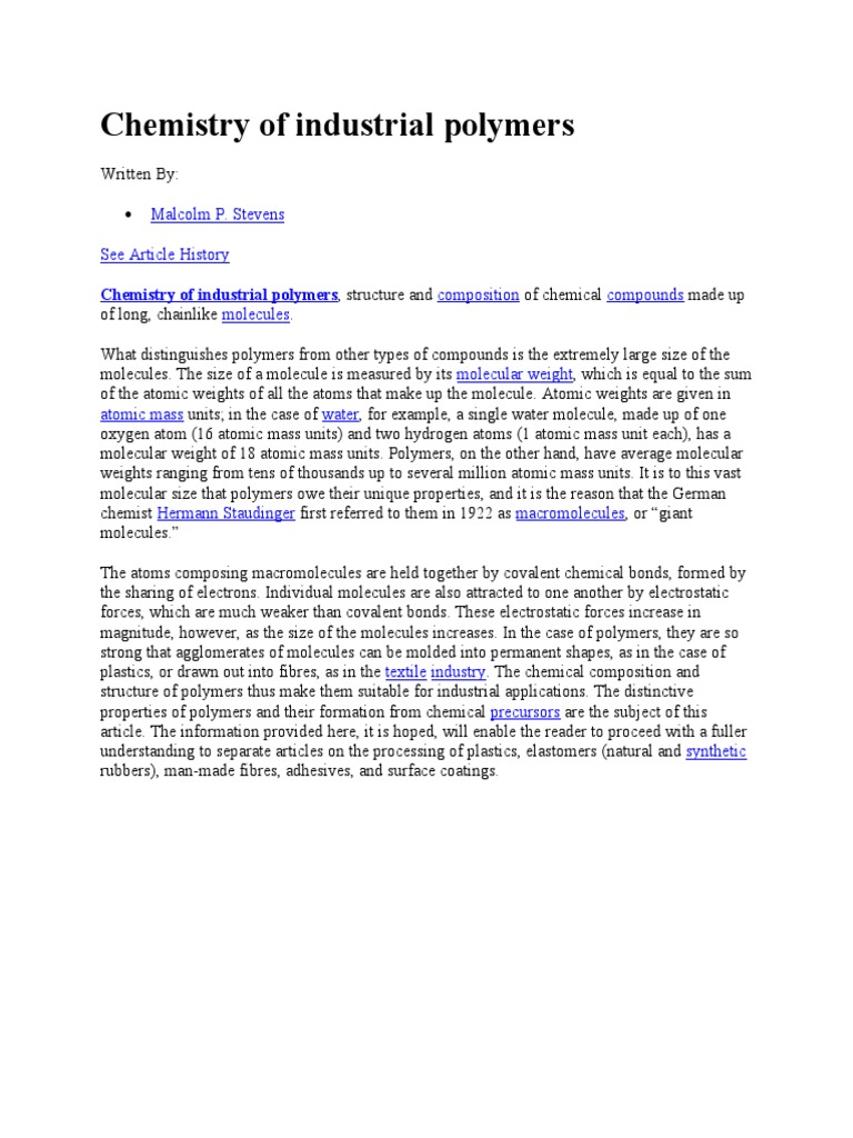Chemistry of Industrial Polymers | PDF | Polymers | Polymerization