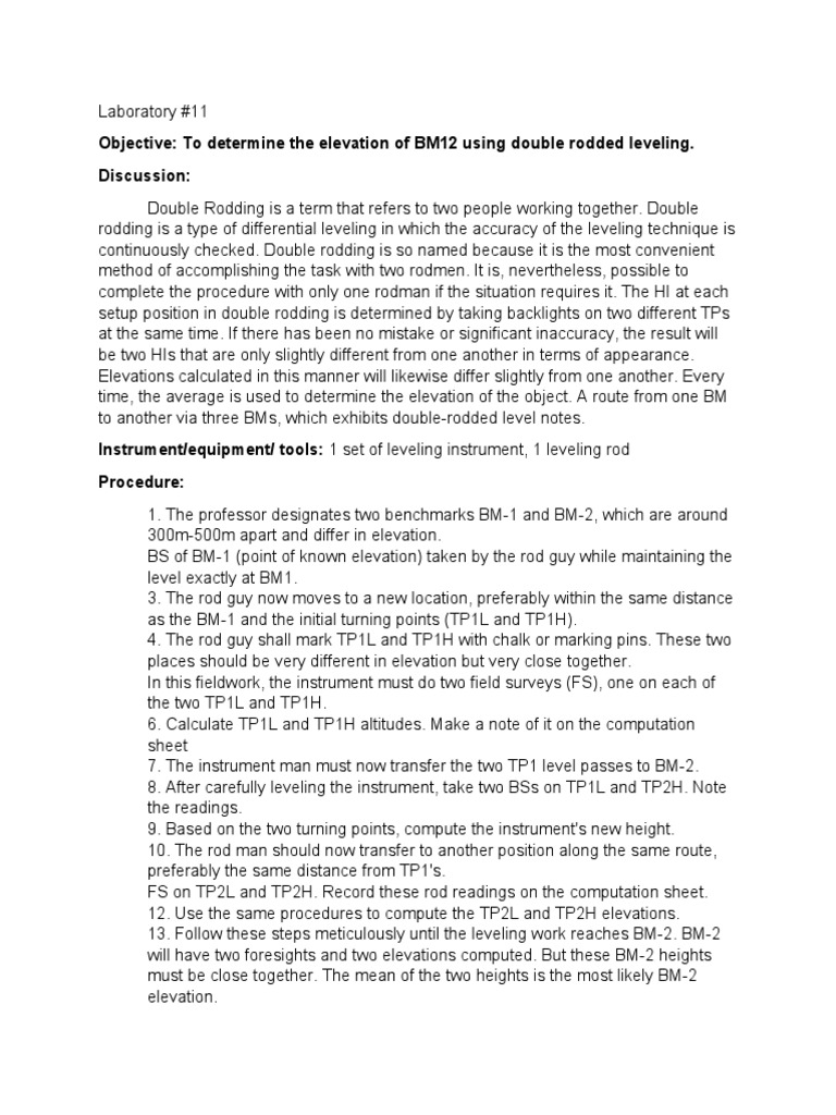 Objective: To Determine The Elevation of BM12 Using Double Rodded ...