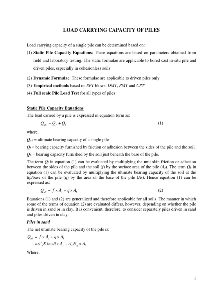 Load Carrying Capacity of Piles: Static Pile Capacity Equations | PDF ...